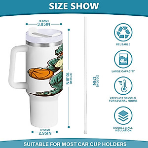 Jihqo Dinosaur Playing Basketball 40 oz Stainless Steel Vacuum Insulated Tumbler with Handle and Straw Lid Reusable Leakproof Water Bottle Double Wall Travel Mug Coffee Cup, Cupholder Friendly