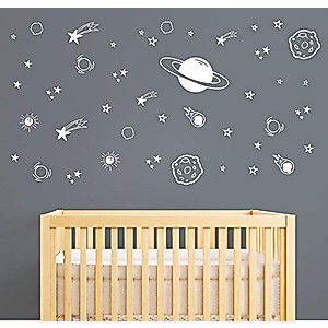 Planet Wall Decal, Boys Room Decor, Outer Space Wall Decals, Star Wall Stickers, Vinyl Wall Decals for Children Baby Kids Boys Bedroom, Nursery Decor Y04 (White)