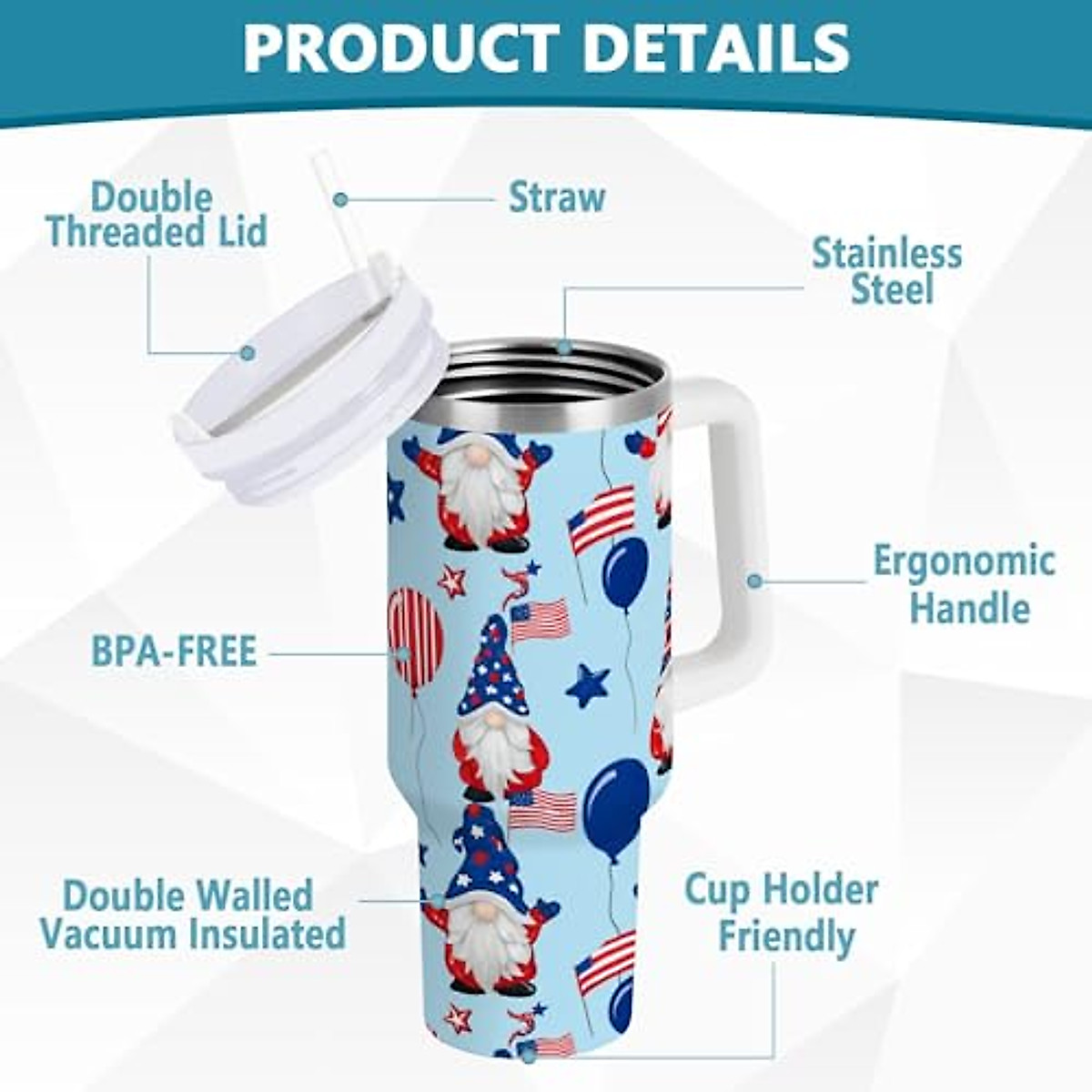ODAWA 40oz Leak Proof Tumbler, Gnomes Stars Blue Stainless Steel Insulated Tumbler with Handle and Straw