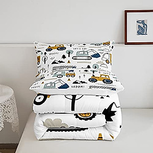 Cartoon Car Kids Comforter Set Construction Bedding Set Decor Equipment Trucks Comforter Cartoon Car Excavator Tractor White Yellow Duvet Set Bedroom Quilt Set 3Pcs Full