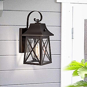 FLALINKO Dusk to Dawn Outdoor Wall Sconce - 2 Pack 14" Farmhouse Porch Light in Oil Rubbed Bronze Finish Clear Seedy Glass for Garage, Patio, Porch, Doorway, Entryway (ORB, Twin Pack)