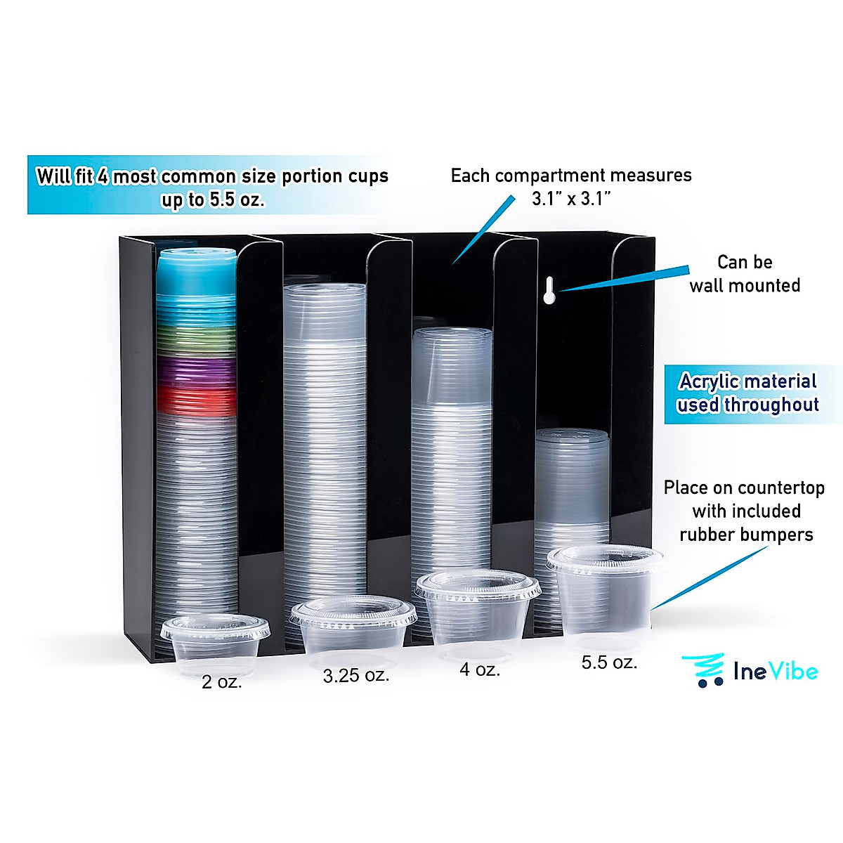 IneVibe Portion Cup and Lid Holder - 4 Compartment Acrylic Organizer for Condiment & Sauce Cups, Fits Cups 2 oz to 5.5 oz in Size, Use Dispenser on Counter or Wall Mount