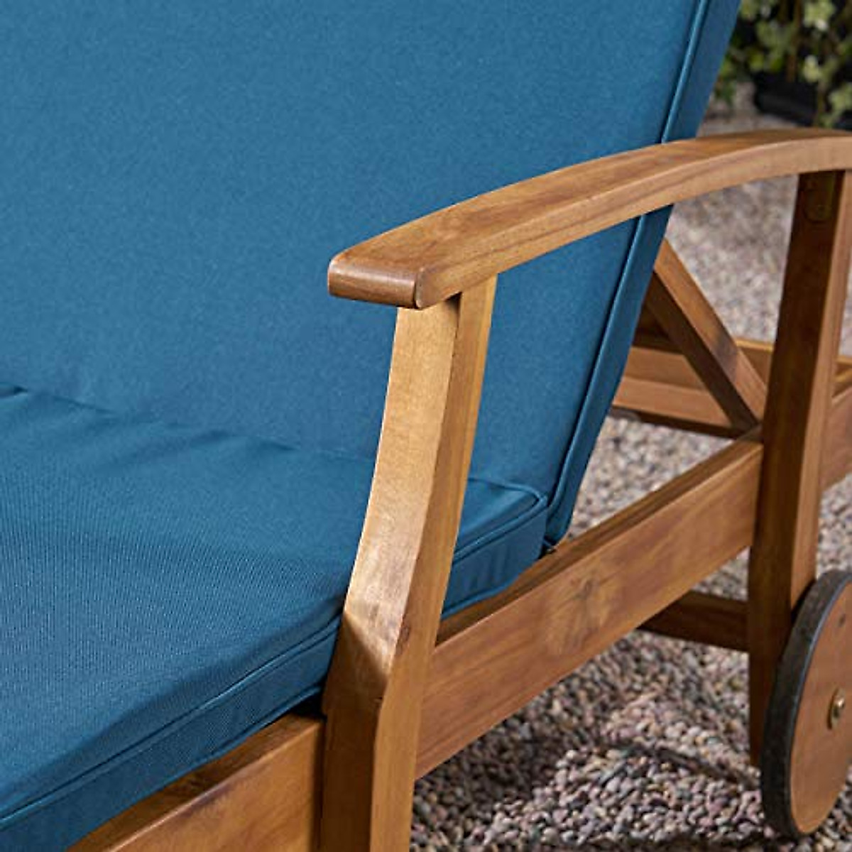 Great Deal Furniture Samantha Double Chaise Lounge for Yard and Patio, Acacia Wood Frame, Teak Finish with Blue Cushions