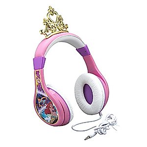 Disney Princess Kids Headphones, Adjustable Headband, Stereo Sound, 3.5Mm Jack, Wired Headphones for Kids, Tangle-Free, Volume Control, Foldable, Childrens Headphones Over Ear for School Home, Travel
