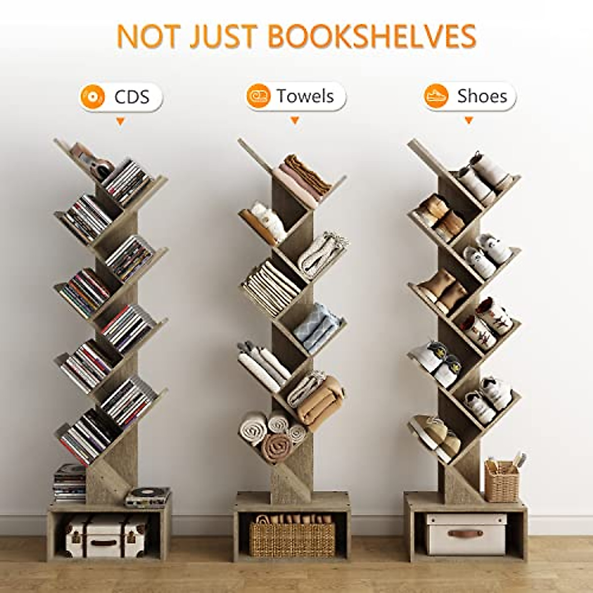 Tajsoon 9 Tier Tree Bookshelf with Drawer Bookcase, Floor Standing Book Storage Rack, Tall Bookshelf for CDs/Books/Movies, Bookshelf Organizer for Bedroom, Living Room, Home Office,Greige