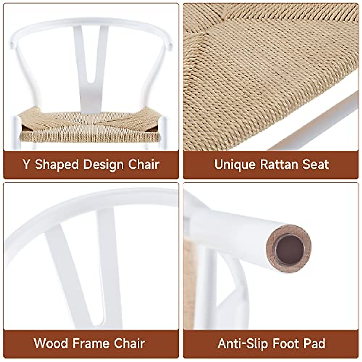 Farini Dining Room Chairs Wishbone Rattan Chair Solid Wood Armchairs Y Shaped Backrest Hemp Seat for Home Restaurant Fully-Assembled(Set of 2,White-Beige Seat)