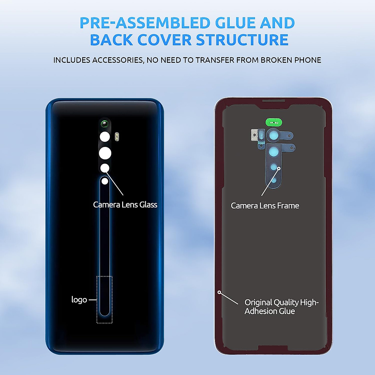 Eonpam Back Glass Replacement for Oppo Reno2 Z Back Cover Rear Housing with Camera Lens + Repair Tool Kit Genuine Rear Glass (Black)