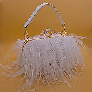 QEBURI Women Fluffy Ostrich Feather Evening Dress Clutch Bag Purse Shoulder Bag (White)