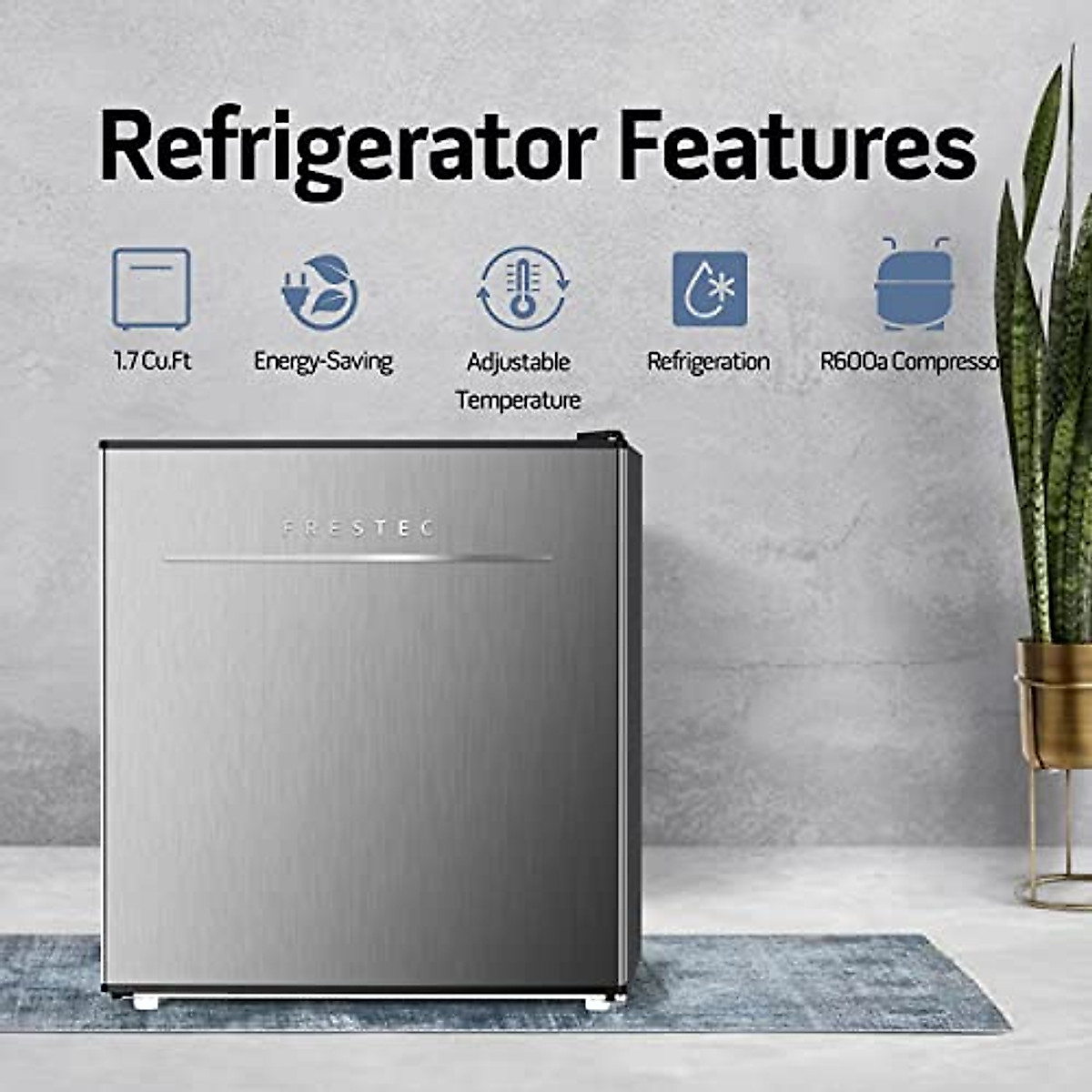 Frestec 1.6 Cu.Ft Mini Fridge for Bedroom, Mini Refrigerator with freezer, Dorm Fridge with Freezer, Reversible Door Perfect for Room and Office, Adjustable Temperature(without Handle, Silver)