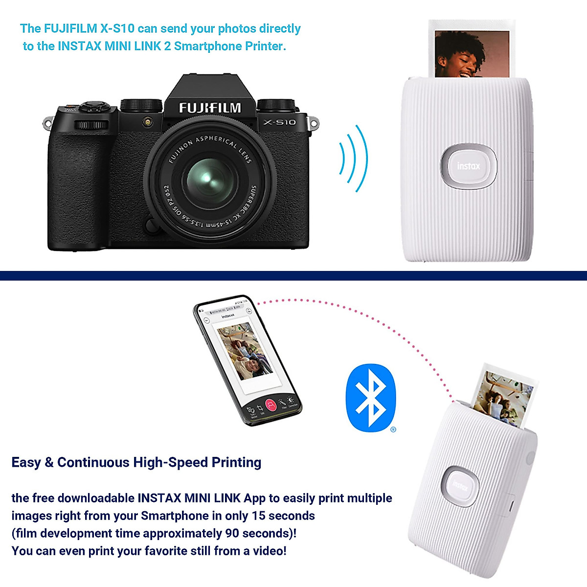 Fujifilm Instax Mini Link 2 Smartphone Printer Clay White, Fuji Instax Mini Film 40 Sheets, Protective Case, Instant Printer Bundle