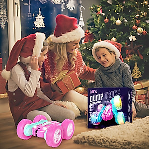 28℃ Remote Control Car for Boys, Drift High Speed RC Cars, 4WD 2.4Ghz Rechargeable RC Truck with Double Sided 360 Flips and Headlights Wheel Lights, Off-Road Stunt Toy Car for Kids Boy Girls Pink