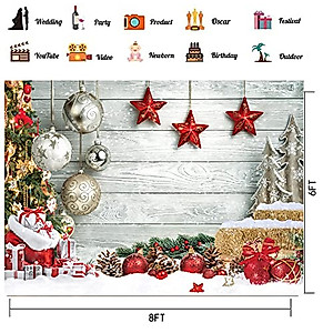 CHAIYA 8X6FT Christmas Backdrop White Wood Floor Photography Backdrop Winter Snow Christmas Balls Xmas Tree Gift Family Party Photo Background New Year Party Decoration CY194