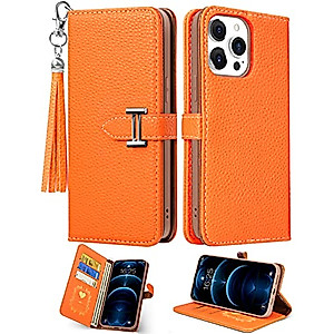 Funermei for iPhone 13 Pro Max Case Wallet for Women Leather Folio Designer Luxury Phone Cases with Credit Card Holder Stand Flip Cute Orange Cover Elegant Pretty with Tassel for Apple 13 Promax 6.7"