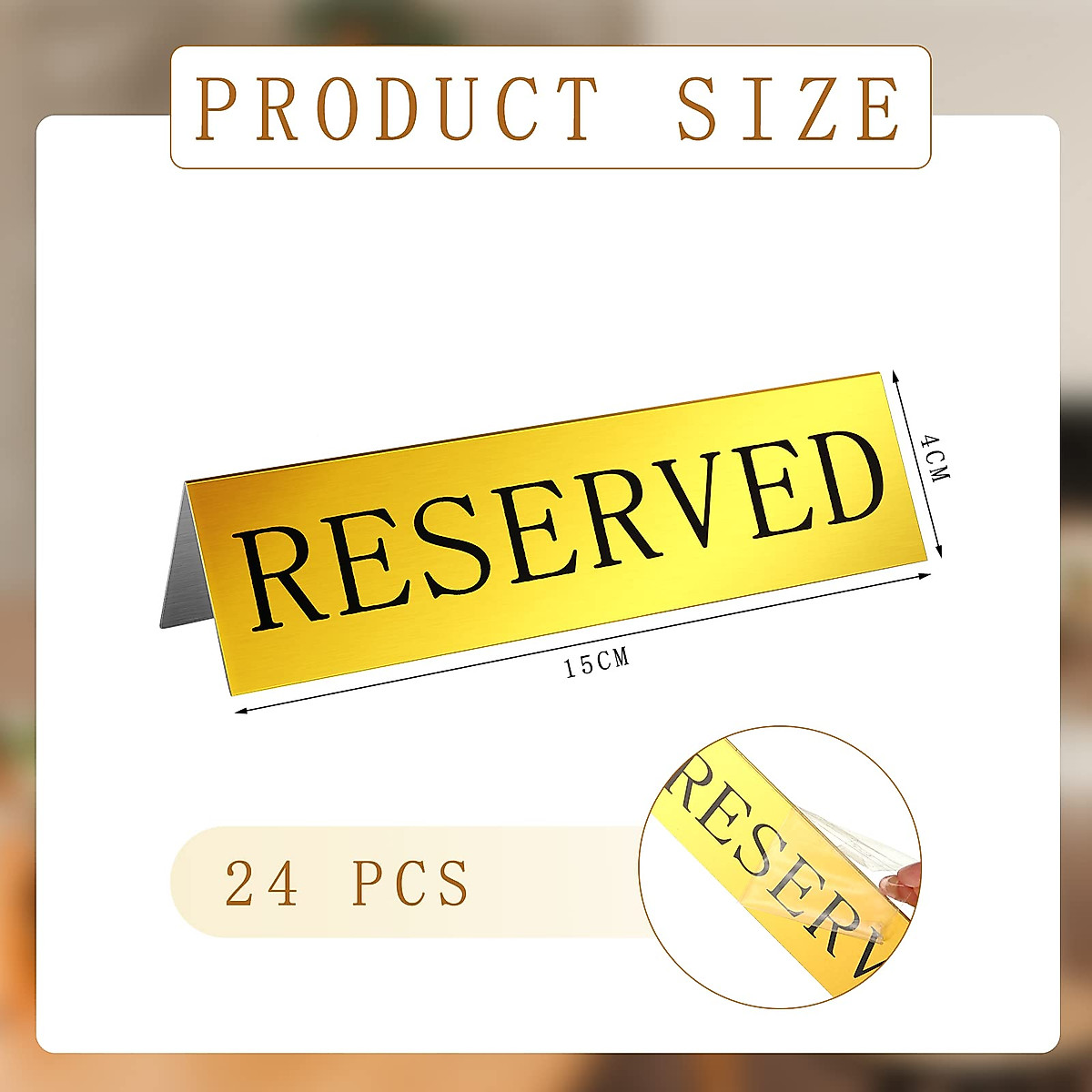 Peryiter Metal Reserved Table Signs Reserved Sign Reserved Desk Signs Double Sided Table Stand Tents Sign Reserved Seating Signs for Wedding Restaurant Ceremony, 5.91 x 3.15 Inch(Gold, 24 Pcs)