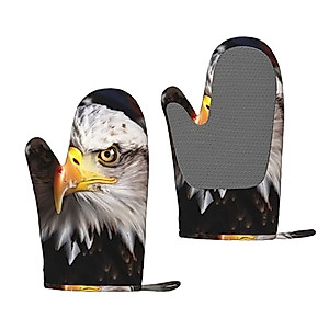 America Flag and Eagle Printed Oven Mitts Heat Resistant Oven Gloves Non-Slip Silicone Kitchen Gloves for Cooking Baking BBQ Gloves 1 Pair