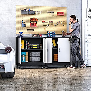 Metal Garage Storage Cabinet with Wheels,Adjustable Shelves with Doors and Lock,Sturdy and Durable Heavy Duty Utility Storage Cabinet for Office/Garage/Kitchen/Pantry Organizer Storage Cabinet/White