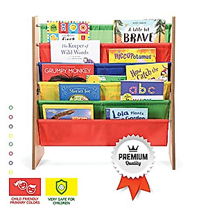 Sagler Toddler Book Shelf Organizer - Wooden Kids Book Case Storage & Magazine Rack with 5 Multicolored Nylon Fabric Shelves - Easy-to-Reach Kids Bookshelf for Nursery, Bedroom, Playroom, Classroom