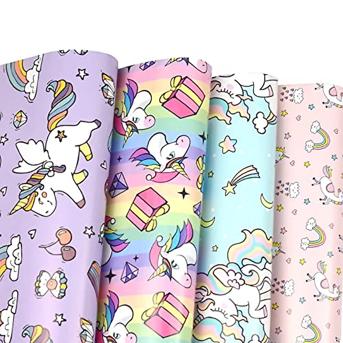 FIEHALA Flat Wrapping Paper Sheets - 8 Sheets with 4 Unicorn Patterns - Pre Cut & Folded Flat Design (20 inches × 27.5 inches per sheet)