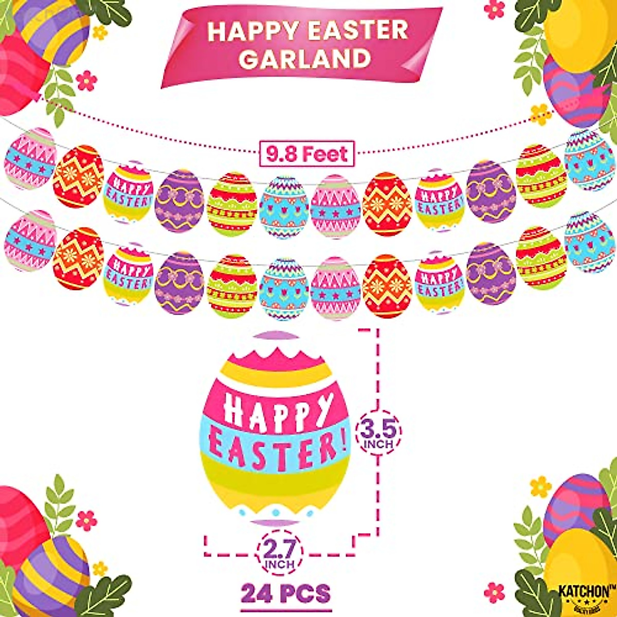 KatchOn, Easter Egg Garland for Mantle - 10 Feet, No DIY | Large, Easter Garland for Easter Decorations | Happy Egg Easter Banner for Fireplace | Easter Party Decorations | Easter Garland Decorations
