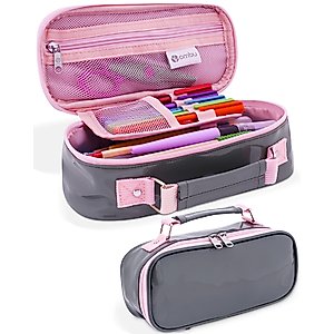 OMBU Pencil Pouch for Girls - Pink Pencil Case for Girls - Pencil Bag - Cute Pencil Case for Girls - Kawaii Pencil Case - Pencil Box for Girls - Pink Pencil Case Aesthetic (Grey & Pink)