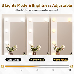 YESHOMY Vanity Desk with Mirror, Makeup Table with 11 Adjustable Lights and 2 Spacious Drawers, Soft-Padded Storage Stool, 3 Lighting Modes with Control, for Bedroom, White