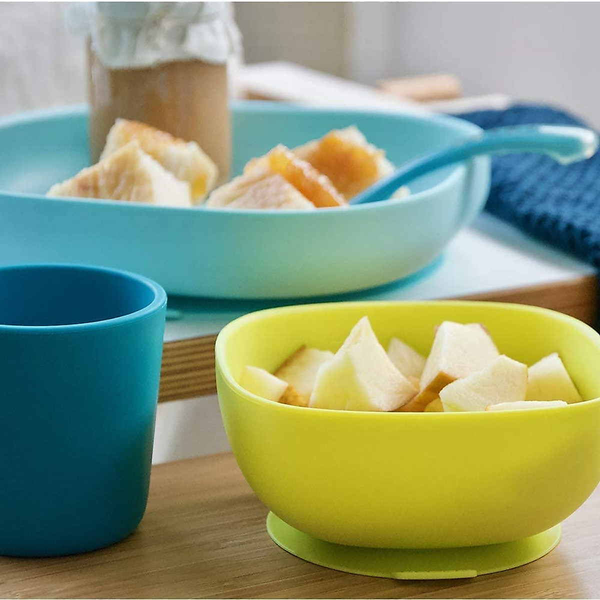 BEABA Silicone 4 Piece Baby Feeding Set, Suction Plates for Baby, Includes Plate, Bowl, Cup, 2nd Stage Silicone Spoon, High Grade Food Safe Silicone, Peacock