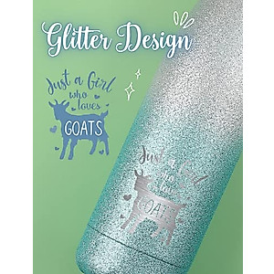 Onebttl Goat Gifts for Goat lovers, Glitter Silver-Blue Water Bottle for Women/Girls, Just a Girl who Loves Goats, Stainless Steel Insulated Bottle, Gift Box and Greeting Card Included