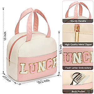 Lunch Bag for Women Insulated Lunch Bag For Men PU leather Small Lunch Bag for Office Work lunch Bag with Chenille Letters Leakproof Freezable Cooler Bag Reusable Portable Lunch Box (White&Pink)