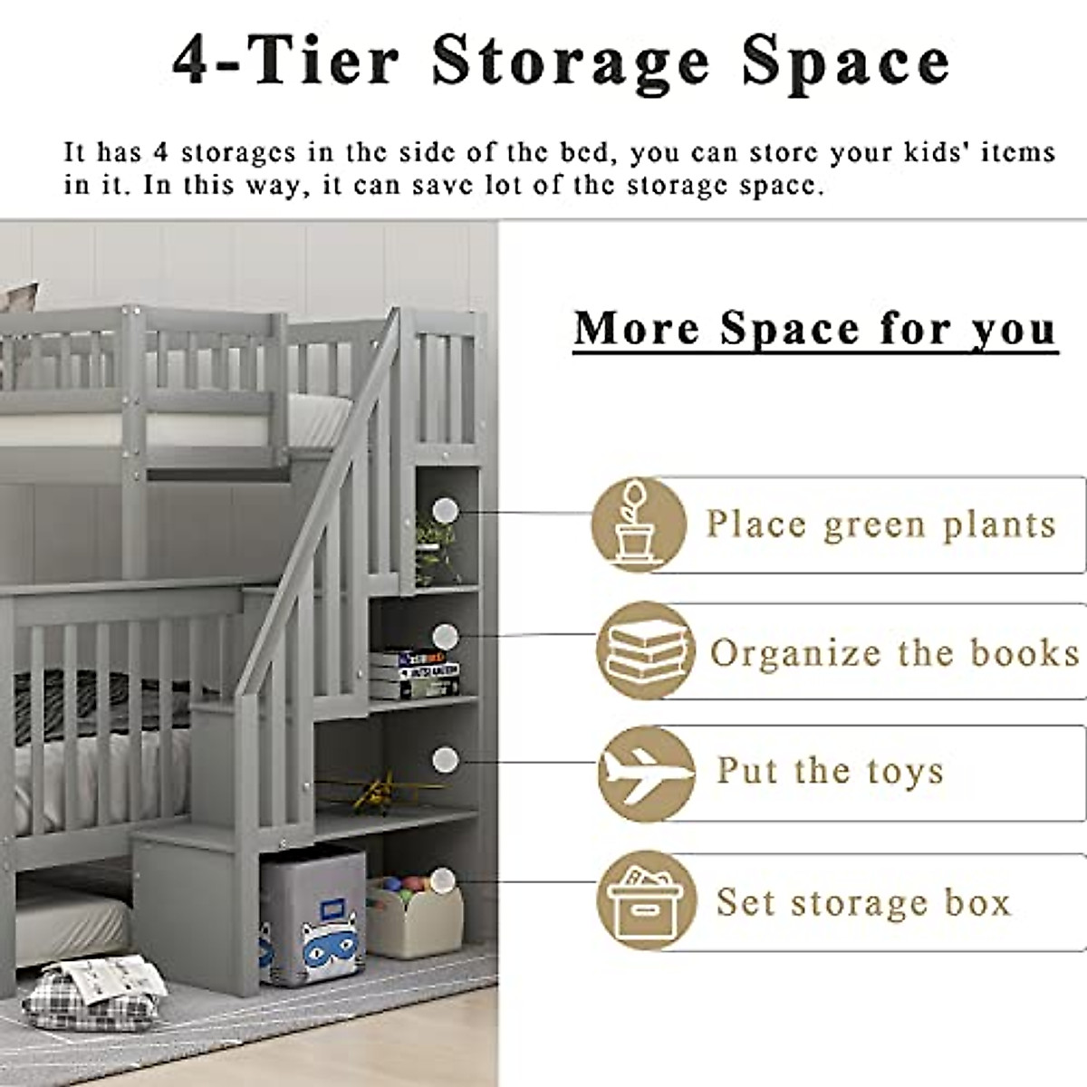 Baysitone Bunk Bed, Bunk Beds Twin Over Full Size, Bunk Bed with Trundle and Stairs, Solid Wood Bunk Bed Frame with 4 Storage for Kids, Girls, Boys, Toddler, No Box Spring Needed (Gray)