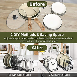 ROOHUA Pot Rack -Expandable Pan Organizer for Cabinet, Lid Holder with 10 Adjustable Compartment for Kitchen Cabinet Cookware Baking Frying Rack