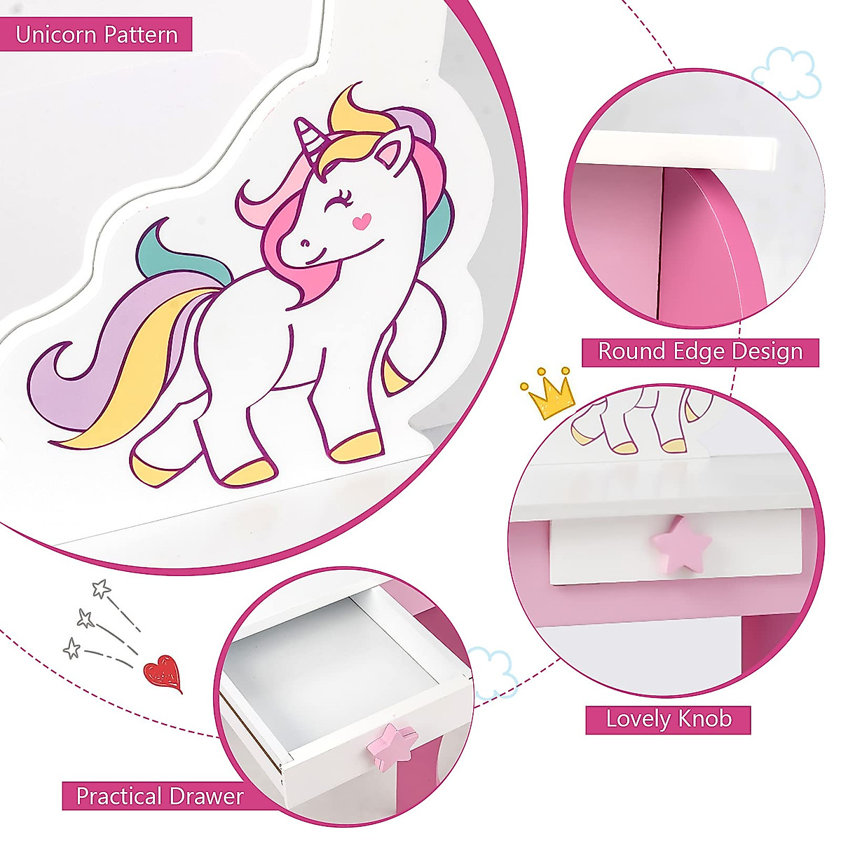 MAT EXPERT Kids Vanity Set with Stool & Mirror, Toddler Girls Pretend Play Vanity w/Detachable Mirror, Princess Dressing Makeup Table Set w/Drawer, Makeup Table and Stool Playset for Girls (Pink)