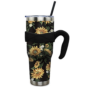 Exacmos 40 oz Tumbler with Handle and Straw 40 oz Sunflower Cup Insulated Stainless Steel Coffee Travel Mug Spill Proof Leak Proof Slim 40oz Tumbler with Handle Sunflower Decor Stuff Gifts for Women