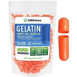 XPRS Nutra Size 2 Empty Capsules - 100 Count Empty Gelatin Capsules - Empty Pill Capsules - DIY Capsule Filling - Pure Bovine Pill Capsules Empty Gel Caps (Orange)