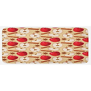 Ambesonne Apple Kitchen Mat, Quartered and Halved Apples with Cinnamon Sticks and Star Anise Diet Recipe, Plush Decorative Kitchen Mat with Non Slip Backing, 47" X 19", Beige Cinnamon Red