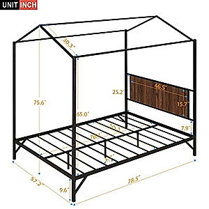 Bellemave House Bed for Kids, Full Size Metal Platform Bed with Headboard and Roof (Full Size, Black)