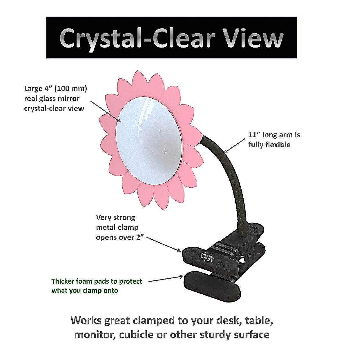 WatchYrBack Clip-On Convex Desk and Cubicle Mirror to See Behind You. Pink Flower Design. Wide Angle View Clear Reflection. Real Glass Mirror. Clip to Monitor and Anywhere up to 2" Thick