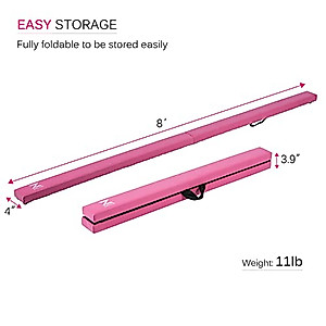 ZELUS 8' Folding Gymnastics Balance Beam, Floor Balance Beam w/Carry Handles Anti-Slip Base, Beginners & Professional Gymnasts (8 ft, Pink)