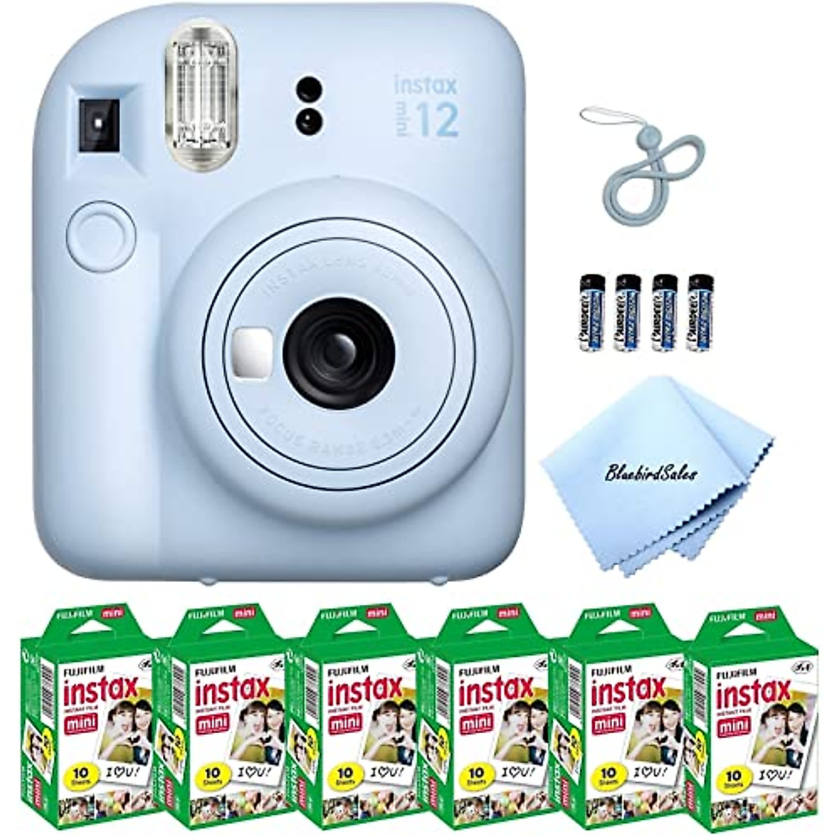 Fujifilm Mini 12 Instant Camera Starter Bundle: Includes Mini Film Value Pack (60 Sheets) + 4 Pack AA Batteries + Lens Cleaning Cloth (Pastel Blue)
