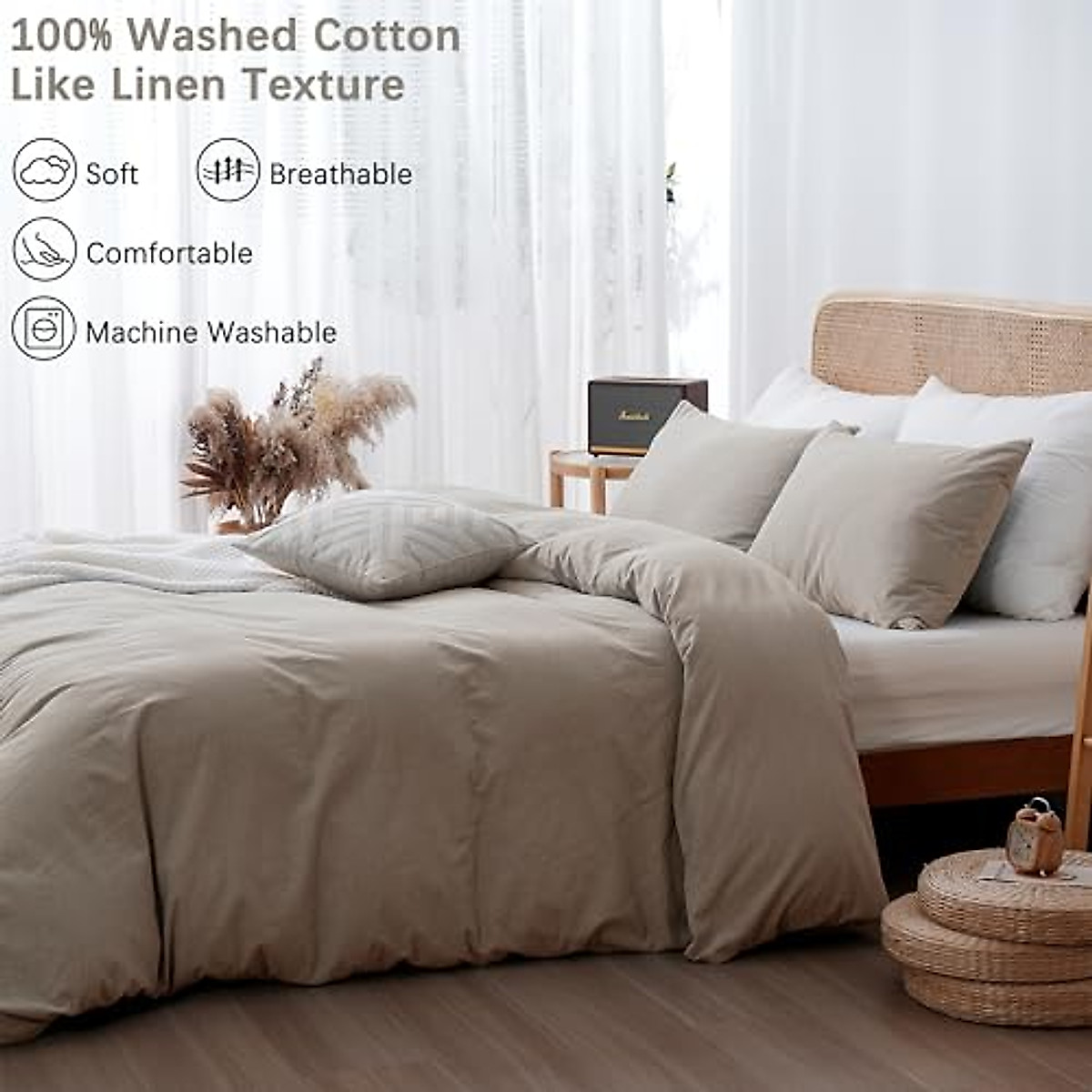 ATsense Duvet Cover King Size, 100% Washed Cotton Linen Feel Super Soft Comfortable, 3-Piece Tannish Linen Grey Duvet Cover Bedding Set, Durable and Easy Care, Simple Style Farmhouse Comforter Cover
