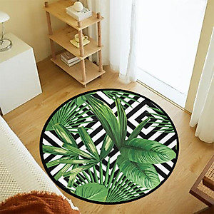 keepcute Palm Tree Leaf Round Rug 36 inch Rug Summer Exotic Jungle Tropical Doormat Non-Slip Floor Mat Carpet for Bedroom Living Room Study Playing Carpet, 3' Diameter