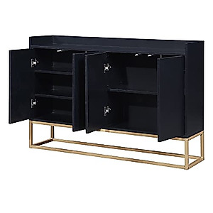 Modern Sideboard Buffet Cabinet, Kitchen Storage Cabinet with 4 Doors, Adjustable Shelves & Metal Legs, Storage Cupboard Console Table for Dining Room Entryway (Black)