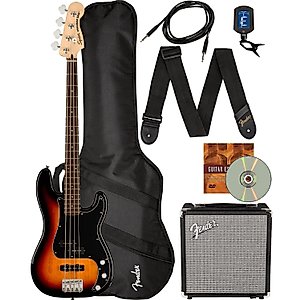Fender Squier Affinity Precision Bass PJ - 3-Color Sunburst Bundle with Rumble 15 Amplifier, Instrument Cable, Gig Bag, Tuner, Strap, and Austin Bazaar Instructional DVD