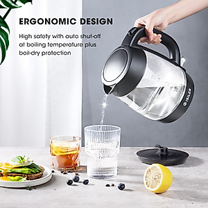 iSiLER 1500W Electric Kettle, 1.7 L Electric Tea Kettle with LED Indicator, Cordless Electric Glass Hot Water Boiler, Portable Teapot Heater Auto Shut-Off & Boil-Dry Protection BPA-Free Black