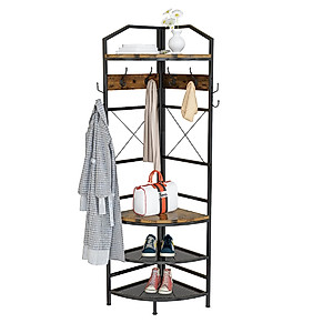 Lamerge Conner Coat Rack with Storage, Multifunctional Entryway Shelf Organizer with 12 Hooks & 4-tier Shelves, 72" Industrial Hall Tree Freestanding Clothes Rack for Living Room Bedroom, Brown