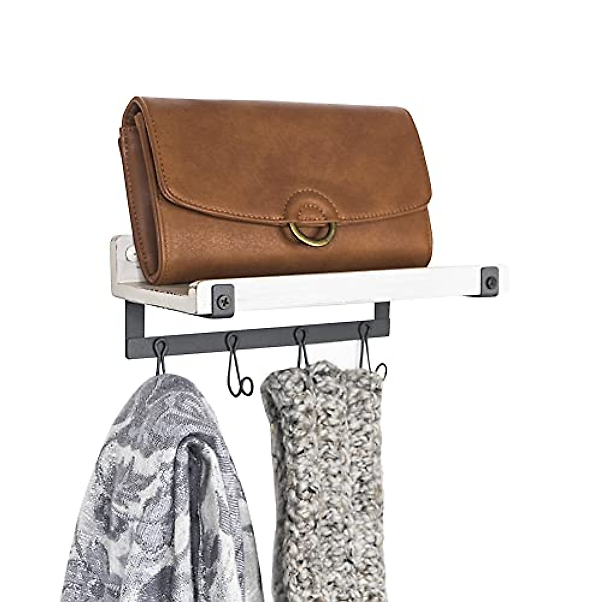 Spectrum Diversified Rowan Wall Mount Wood Valet & Hook Station for Entryway Storage and Organization, White Wash/Industrial Gray