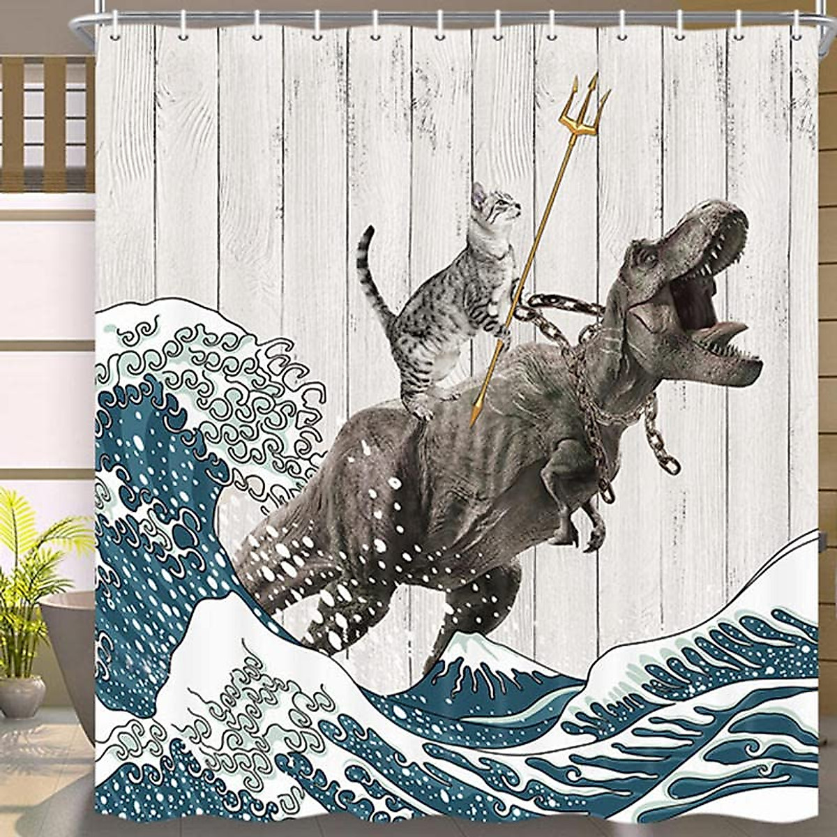 Boziqr Funny Cat Shower Curtain Set - Cute Cat Riding Dinosaur, Ocean Wave Bath Mat, Contour Mat, Toilet Lid Cover