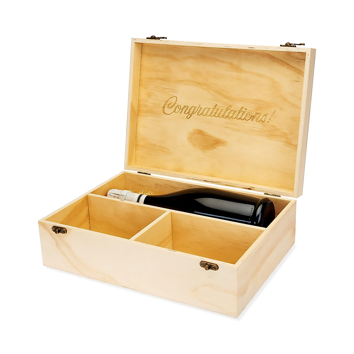 Twine Champagne Bottle Gift Box, Wine Box with Lid and 2 Stemless Champagne Flutes, Packing Straw, Holds 1 Champagne Bottle, Wood
