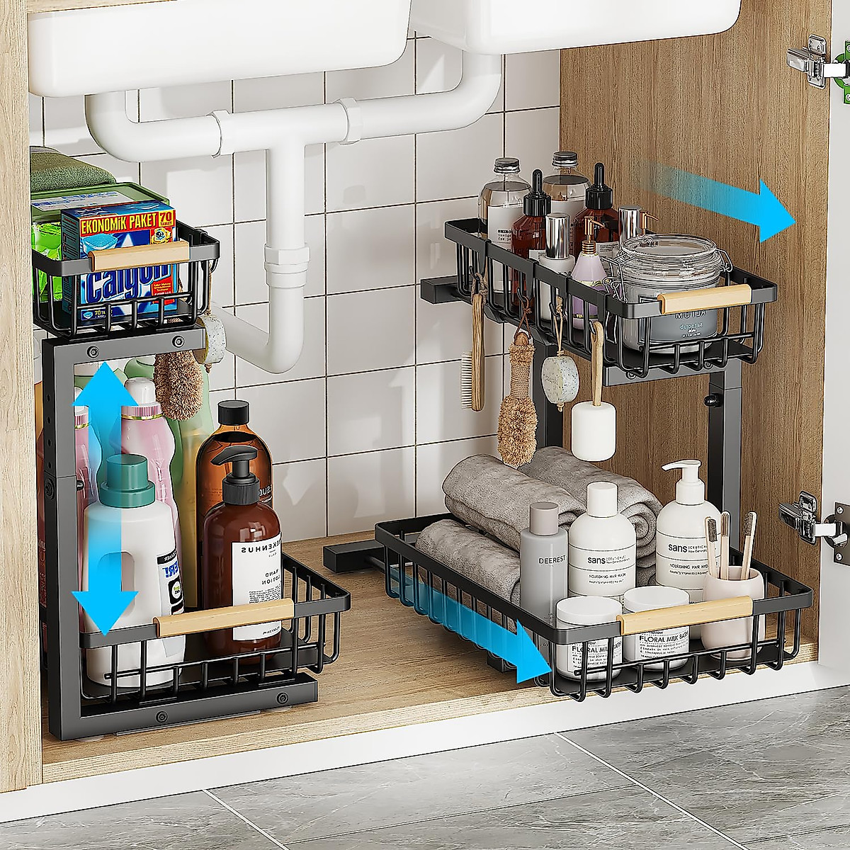 exilot 2 Pack Under Sink Organizer, Large 2 Tier Under Sink Organizer Storage, Height Adjustable Metal Pull Out Cabinet Organizer, Sliding Storage for Kitchen/Bathroom/Laundry Room.