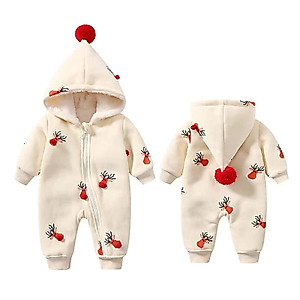 Newborn Baby Fleece Snowsuit Christmas Hooded Romper Onesies Jumpsuit Bodysuit Winter Warm Coat for Infant Boys Girls