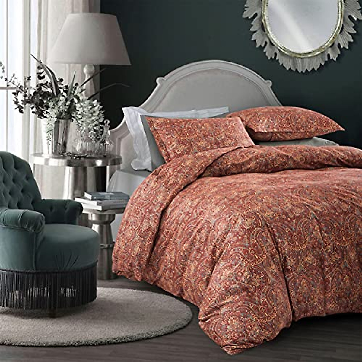 Eikei Boho Paisley Print Luxury Duvet Cover and Shams 3pc Bedding Set Intricate Tuscany Bohemian Damask Medallion 350TC Egyptian Cotton Sateen (Queen)